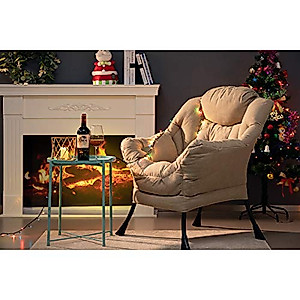 HollyHOME Modern Cotton Fiber Fabric Lazy Chair, Accent Contemporary Lounge Chair, Single Steel Frame Leisure Sofa Chair with Armrests and A Side Pocket, Thick Padded Back, Coffee&White