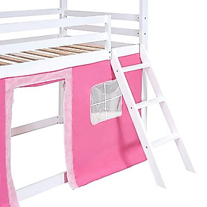 BOVZA Twin Over Twin House Bunk Bed with Tent, Kids Bunk Bed with Roof Elegant Windows and Sills, Wood Playhouse Tent Loft Bed Frame for Teens Boys Girls, Pink+White