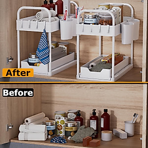 GEMWON Under Sink Organizer, 2 Tier Sliding Bathroom Organizer Cabinet Storage with Hooks, Hanging Cups, Handles, Multi-purpose Under Sink Shelf Organizer for Bathroom Kitchen(2 Pack)