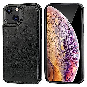 ONETOP Compatible with iPhone 13 Wallet Case with Card Holder, PU Leather Kickstand Card Slots Case, Double Magnetic Clasp Durable Shockproof Cover 6.1 Inch(Black)