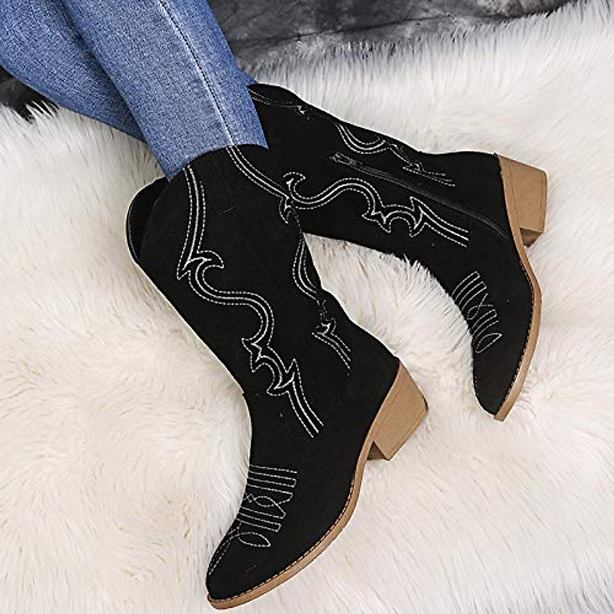 YfiDSJFGJ knee high cowboy boots women retro zipper square heel middle round toe shoes chelsea boots low heel pointed toe outdoor short ankle booties black sparkly boots