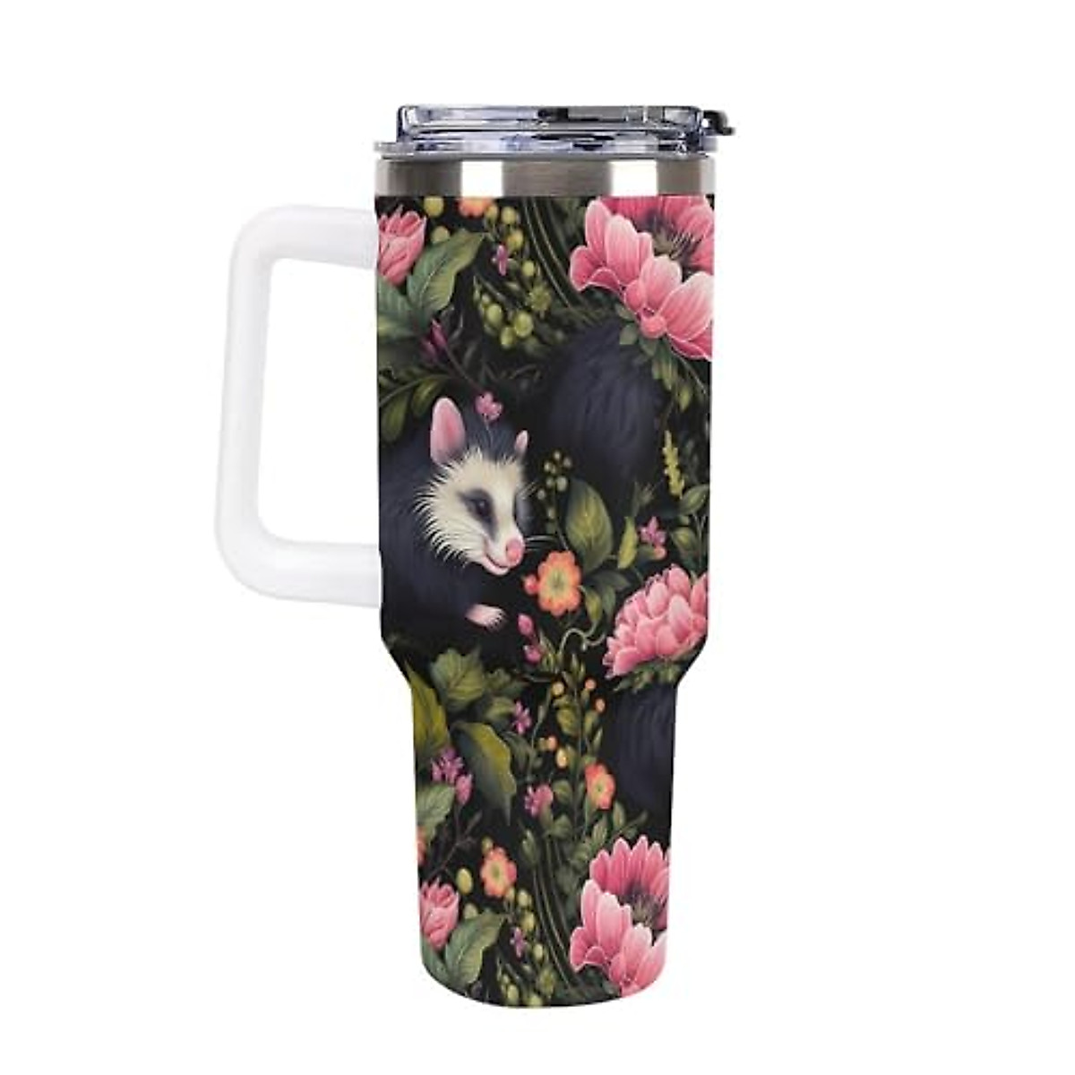 Cute Possum Flowers 40 Oz Stainless Steel Cup Travel Tumbler with Handle and Straw Lightweight Coffee Mug for Home Office