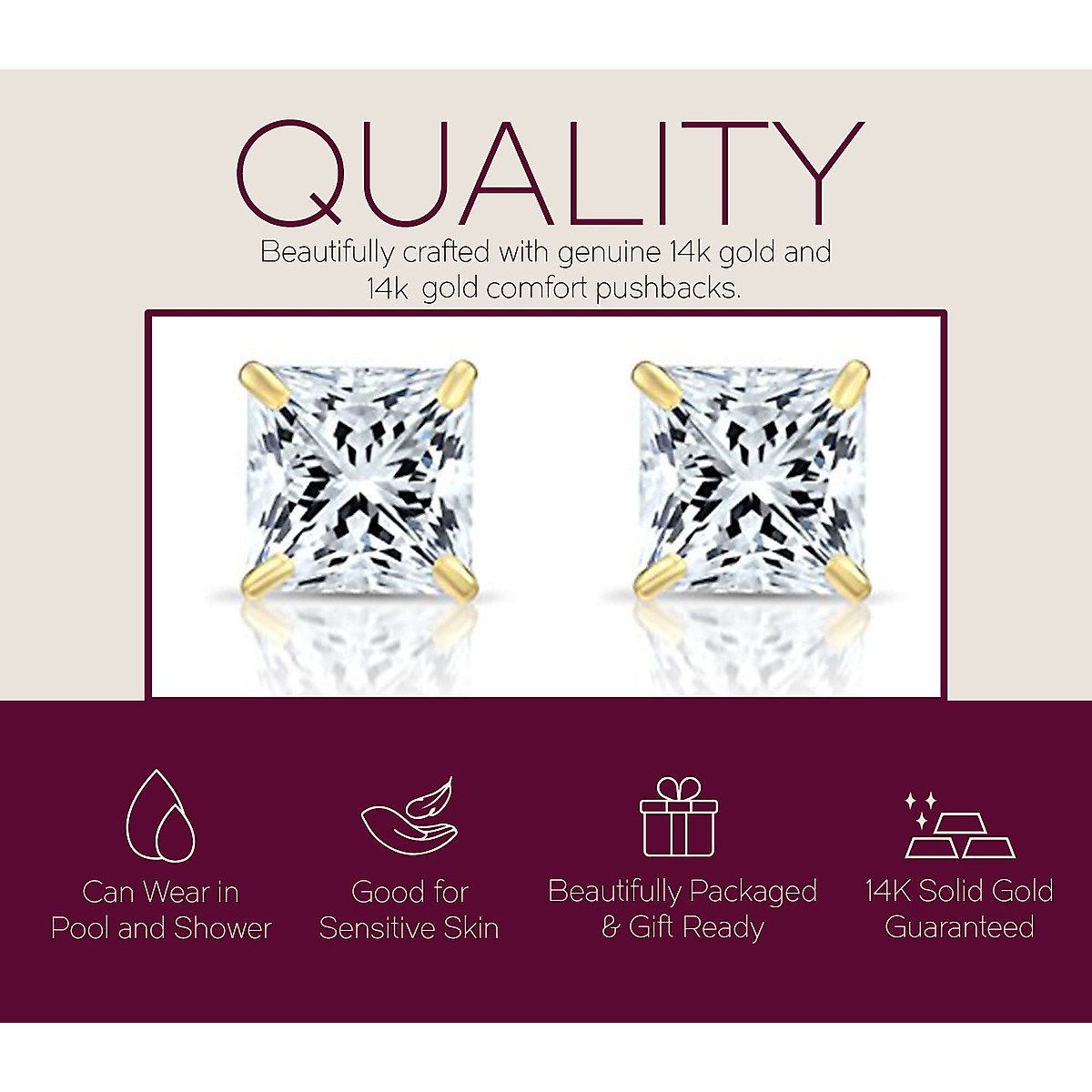 Solid 14k Yellow Gold Solitaire Square Princess-cut CZ Stud Earrings with Secure Screw-backs (5mm)