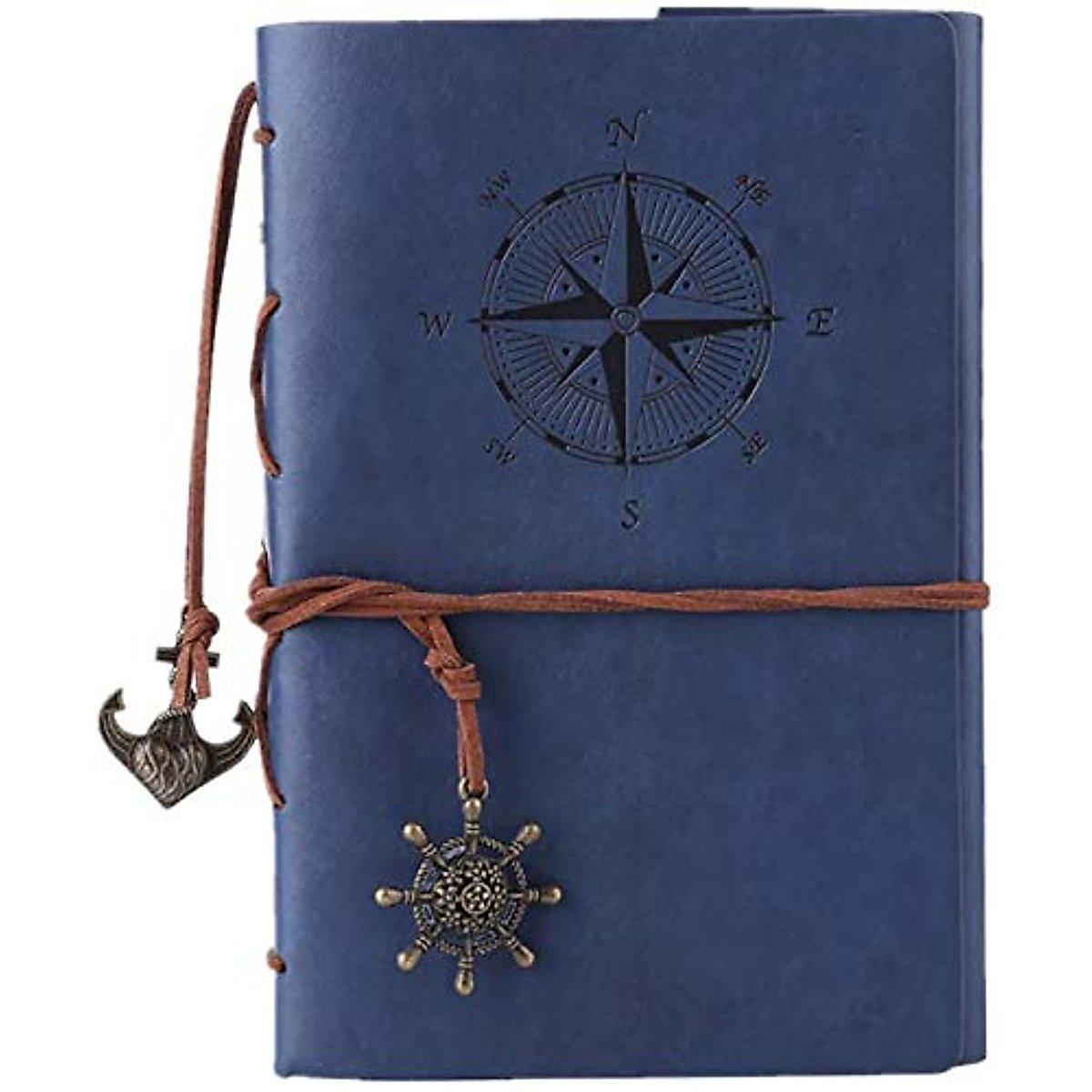 Leather Travel Journal Writing Notebook, Classic Embossed Vintage Nautical Spiral Blank String Refillable Diary Notepad Sketchbook to Write in, Unlined Paper, Retro Pendants (7.3” x5”, Deep Blue)