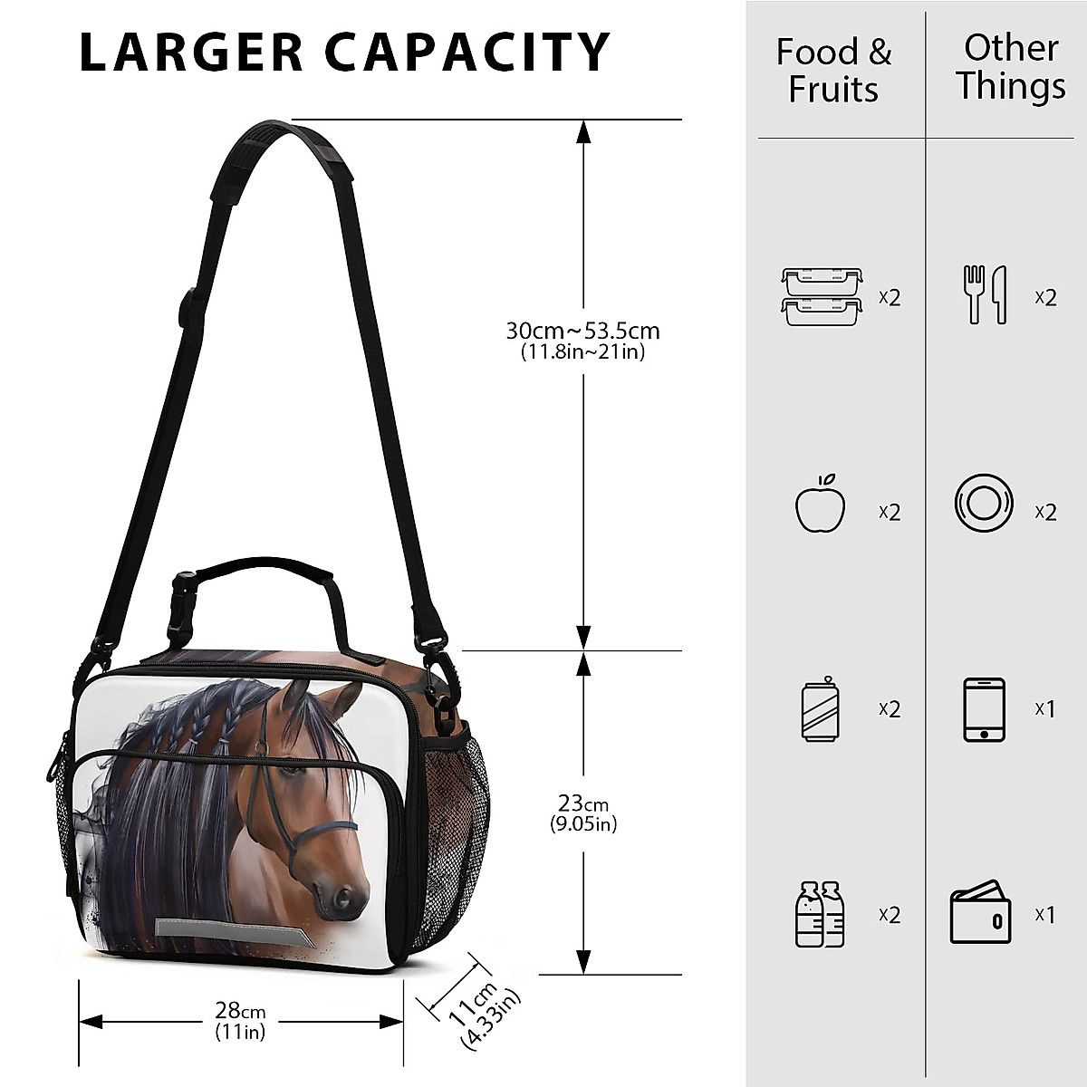 panksolu Elegant Horse Lunch Bag, Insulated Lunch Box with Adjustable Shoulder Strap Cooler Tote Bag for Men Women Kids Teens=