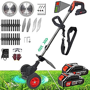 Electric Weed Wacker Cordless Weed Eater Battery Powered, 24V/2000mAh Brush Cutter with 4 Types Blades, Lightweight Wheeled Grass Trimmer/Weed Trimmer/Lawn Edger for Garden Yard(with Shoulder Strap)