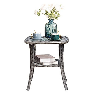 ovios Patio Coffee Table Outdoor Side Table Wicker Rattan Patio Table with Glass Top Garden Tea Table for Yard Garden Porch (Grey-Small Size)
