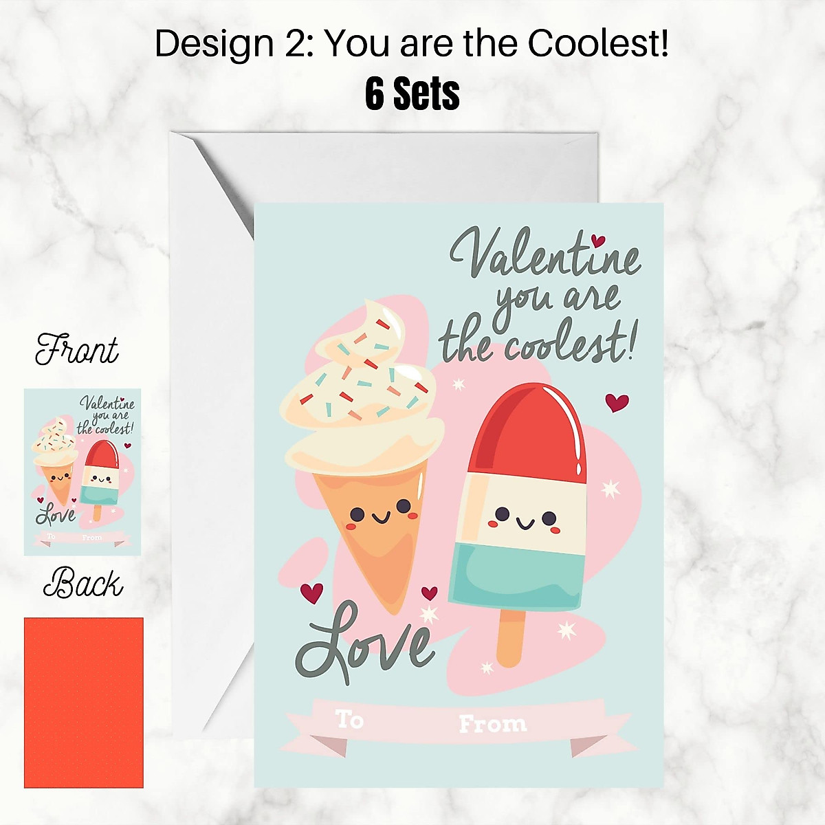 Mobiusea Creation Valentines Cards for Kids | 24 Cards with Envelopes | 3.5 x 5 | Funny and Cute | Llama, Ice Cream, Unicorn, XO for Valentines Day Cards, Kids School Valentines and Valentines Day