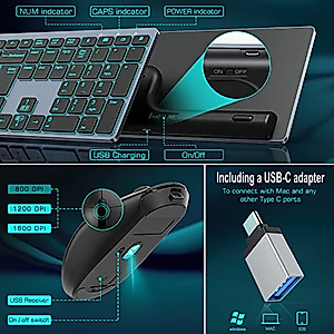 Wireless Keyboard and Mouse Combo Rechargeable, Full Size Wireless Keyboard with Backlit, 2.4G Silent USB Wireless Keyboard Mouse Combo [with USB C Adapter] for Windows, Mac OS Desktop/Laptop/PC