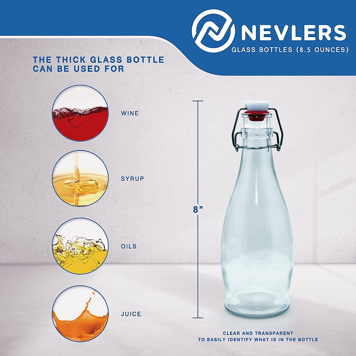 Nevlers Set of 6 | 8.5 Oz. Glass Bottle Set with Swing Top Stoppers and Includes Bottle Brush, Funnel and Gold Glass Marker | Swing Top Glass Bottles | Clear Glass Water Bottle