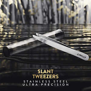 By MILLY Professional Slanted Tweezers for Women & Men | High Carbon Stainless Steel Sharp Tweezers | Tweezers for Women Facial Hair Plucking, Hand-Filed & Aligned Precision Slant Tips - Silver