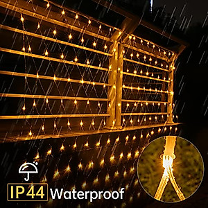 Christmas Net Lights with Remote, 198 LED 9.8ft x 6.6ft Outdoor Mesh String Lights Waterproof, 8 Modes Connectable Xmas Decorations for Bushes Tree Garden Wedding (White Wire, Warm Light)