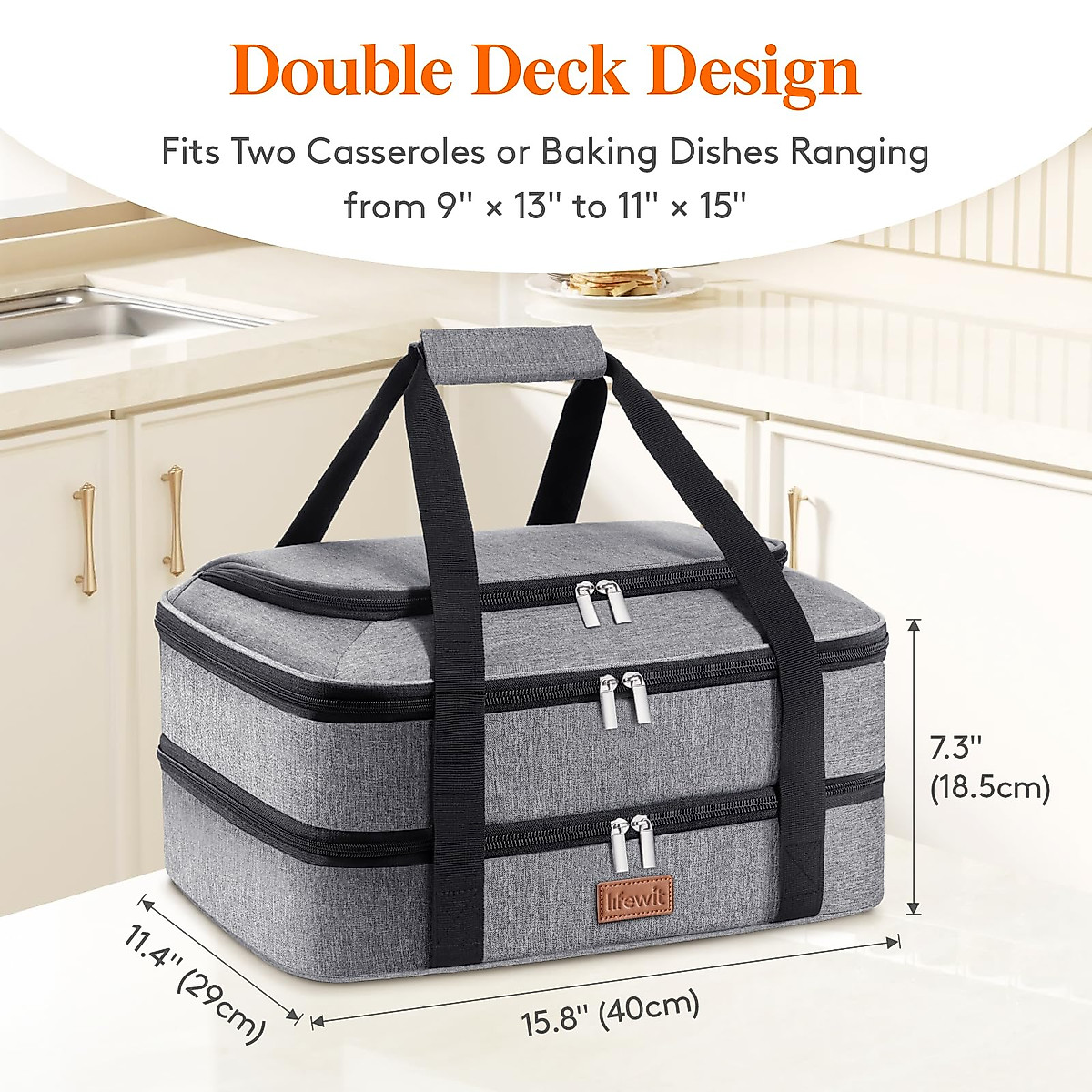 Lifewit Double Decker Casserole Carrier for Hot and Cold Food, Insulated Casserole Dish Carrier Carrying Case with Tool Room, Thermal Bag for Potluck Parties Cookouts Fits 9"×13" Baking Dish, Gray