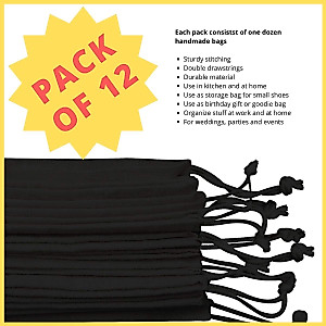 DR Black Cotton Drawstring Bags for Storage, Wardrobe, Travel and Household Organization (8 x 10 inch - 12 pack)