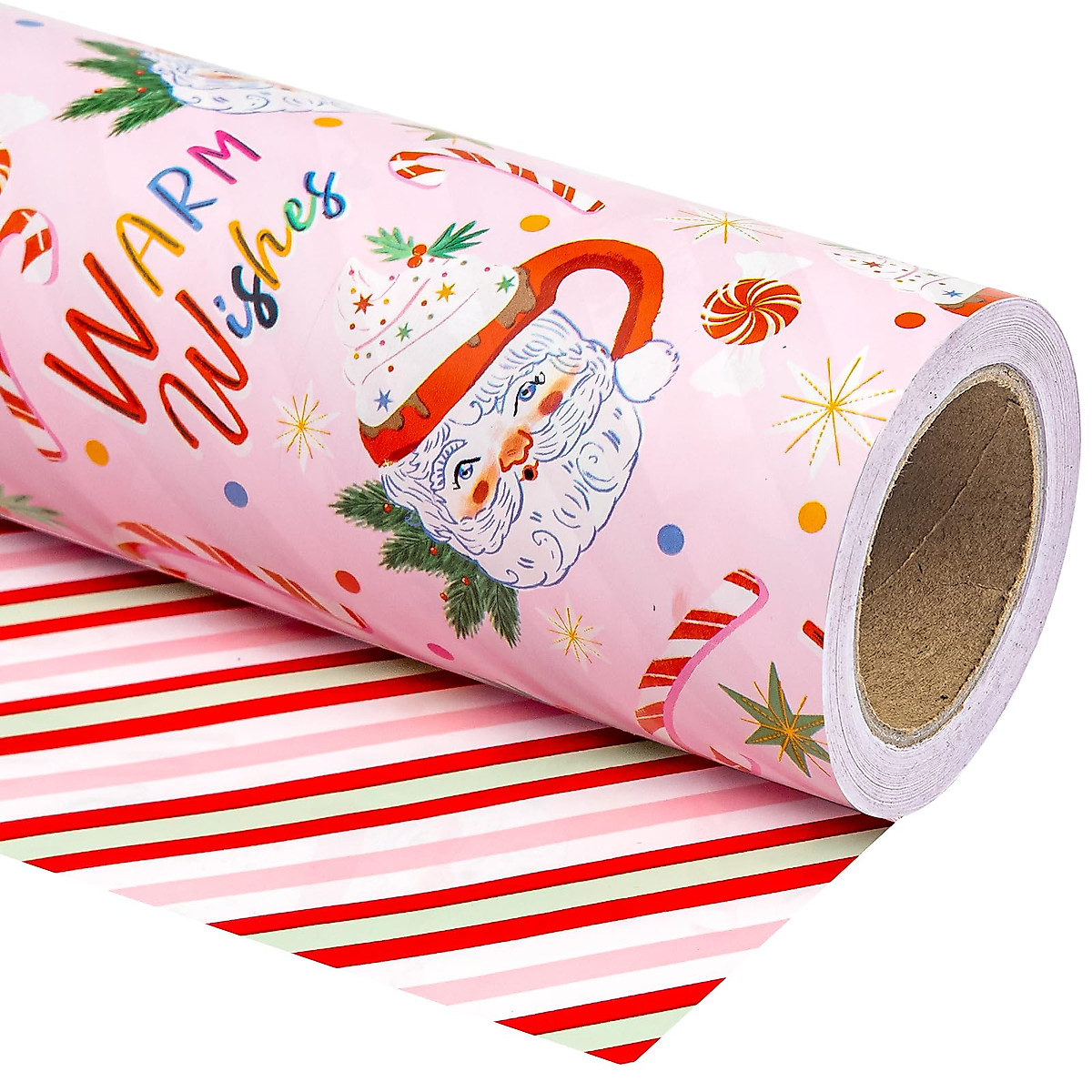 WRAPAHOLIC Reversible Christmas Wrapping Paper - Mini Roll - 17 Inch X 33 Feet - Santa Claus Cup and Stripe Design for Chrsitmas, Holiday, Party Celebration