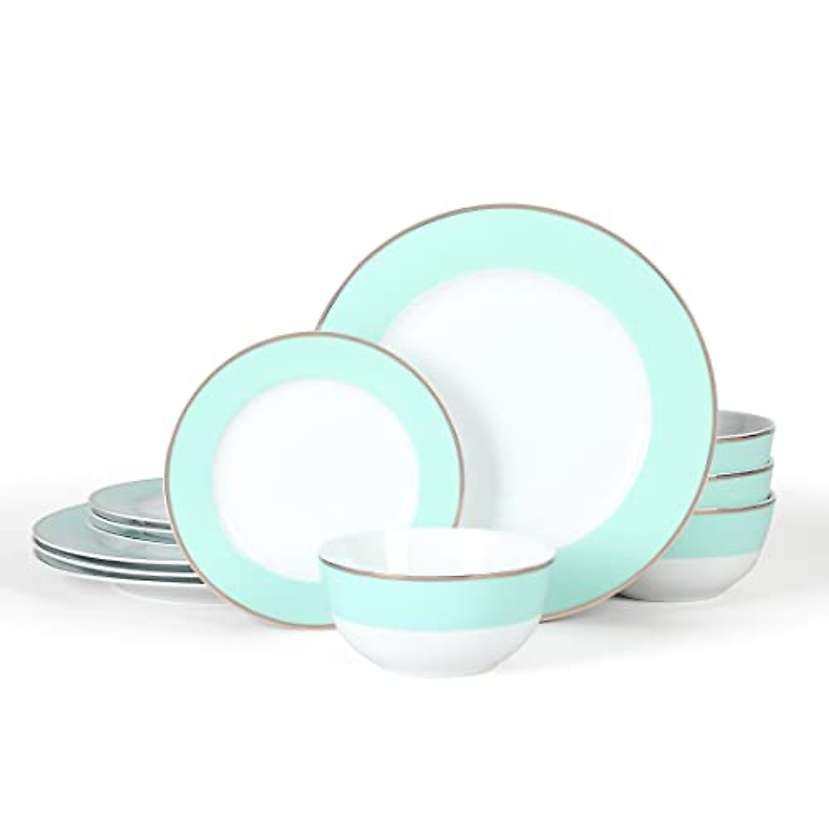 Martha Stewart Gracie Lane Porcelain Decorated Dinnerware Set - Martha Blue w/Gold Rim, Service for 4 (12pcs)