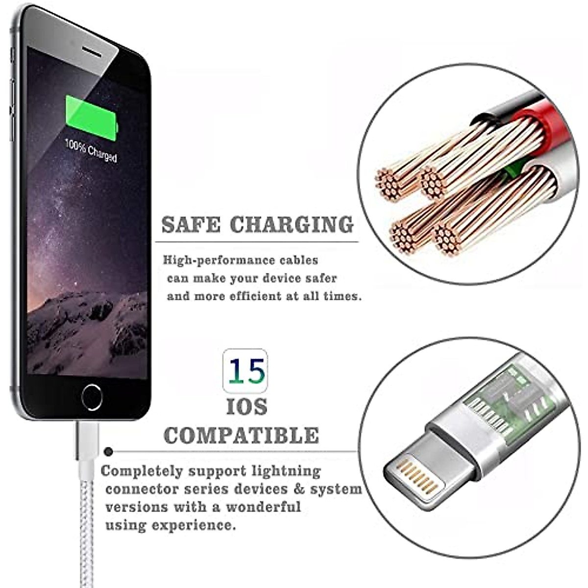 Ximytec iPhone Charger Cable [Mfi-Certified] 3Pack 10ft Nylon Braided High Speed USB Charging Cord Compatible with iPhone 12/11/XS/XR/X/8/7/6/5/iPad-SilverGray