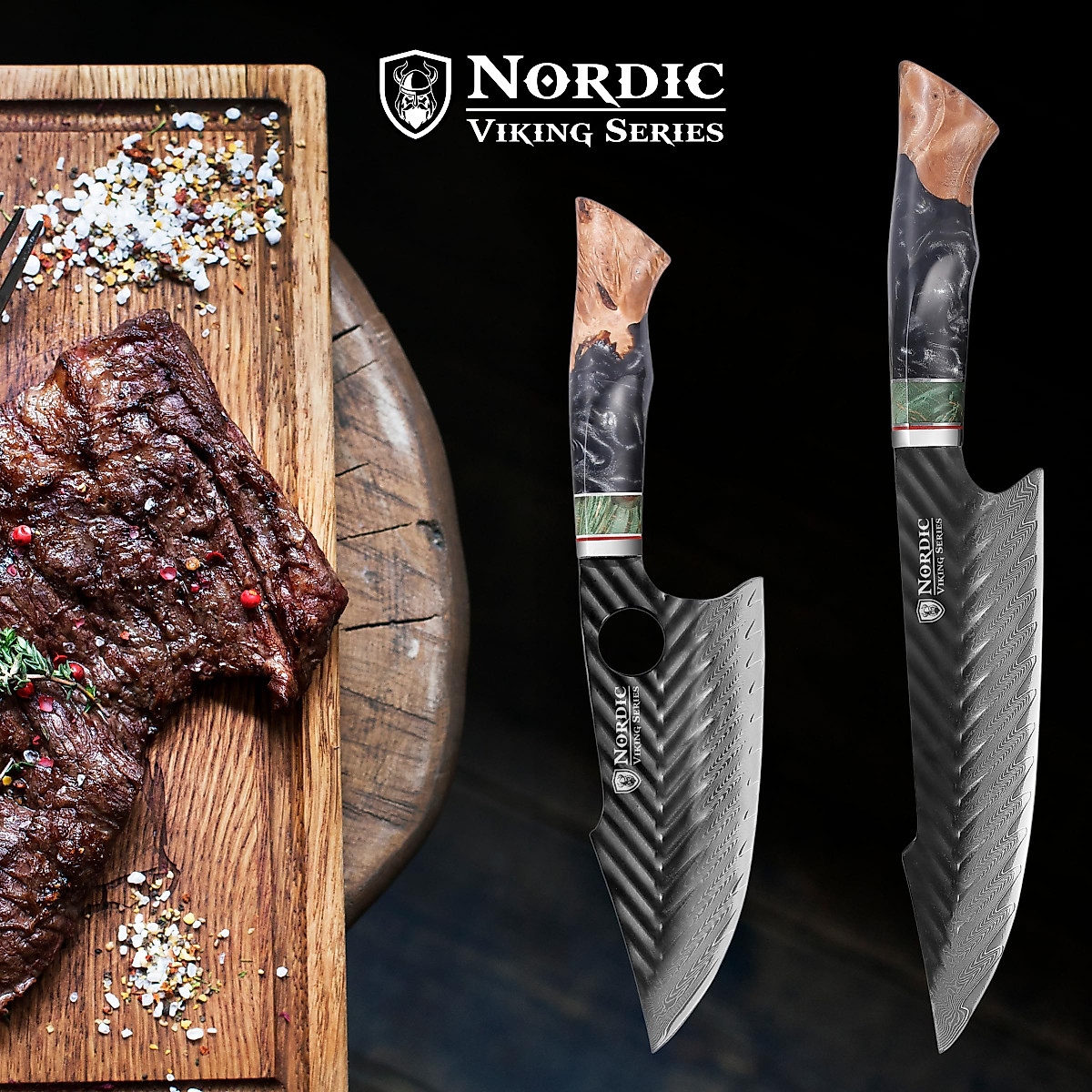 Nordic New Viking Series Professional 8 Inch Chef Knife, Damascus Chef Knife, 67 Layers, Hand Forged Chef Knife with Resin and Maple Wood Handle and Leather Sheath