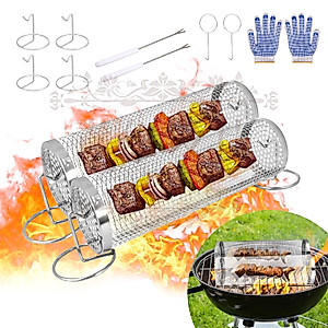 [2 PCS]BBQ Grill Basket - Rolling Grilling Baskets for Outdoor Grilling,Grill Baskets for Outdoor Grill Vegetables,Round Grill Basket,Barbecue Grill Vegetable Basket for Veggies,Fish,Jalapeno,Cylinder