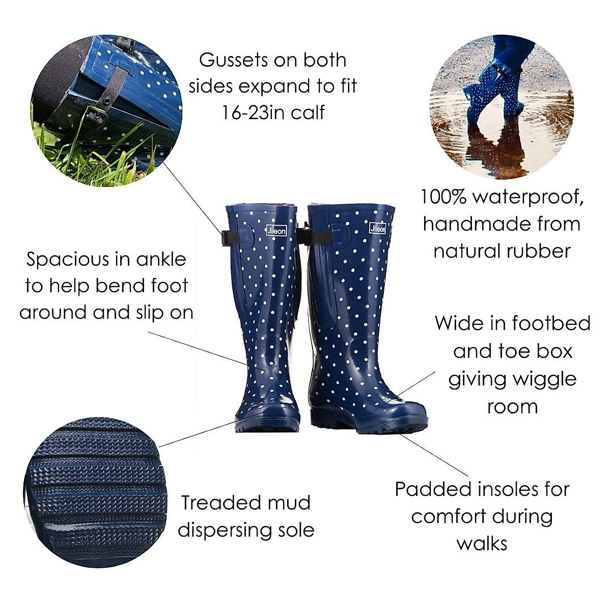 Jileon Extra Wide Calf Rain Boots - Ideal for Wide Feet, Ankles & Calves - Fit 16 to 23” Calves - Durable & Waterproof