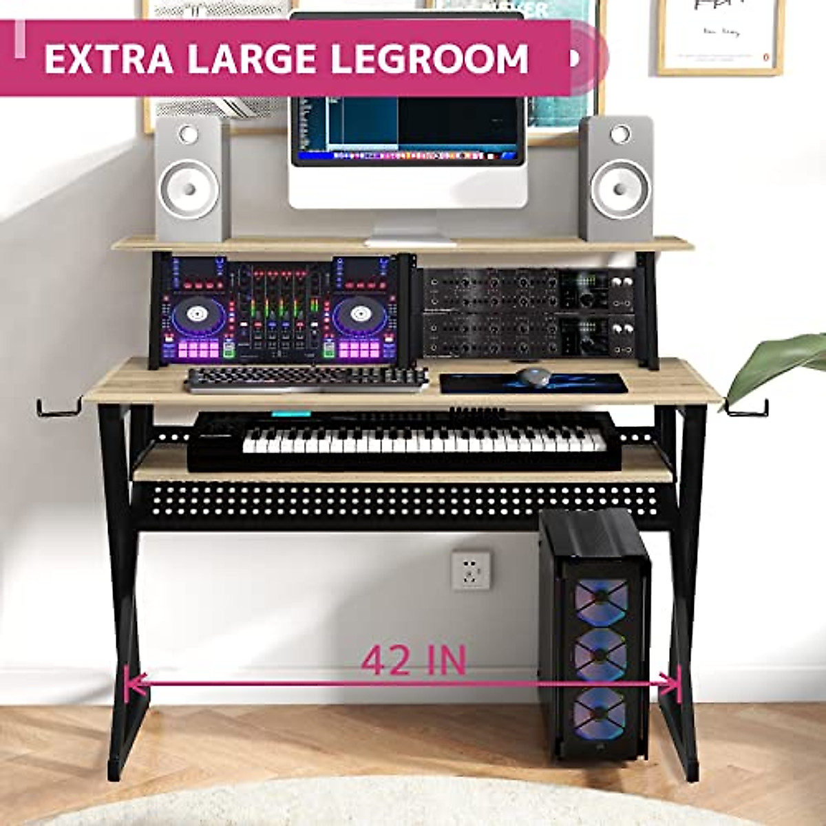 Acme Furniture Rectangular Music Desk Table with Earphone Rack, Natural and Black