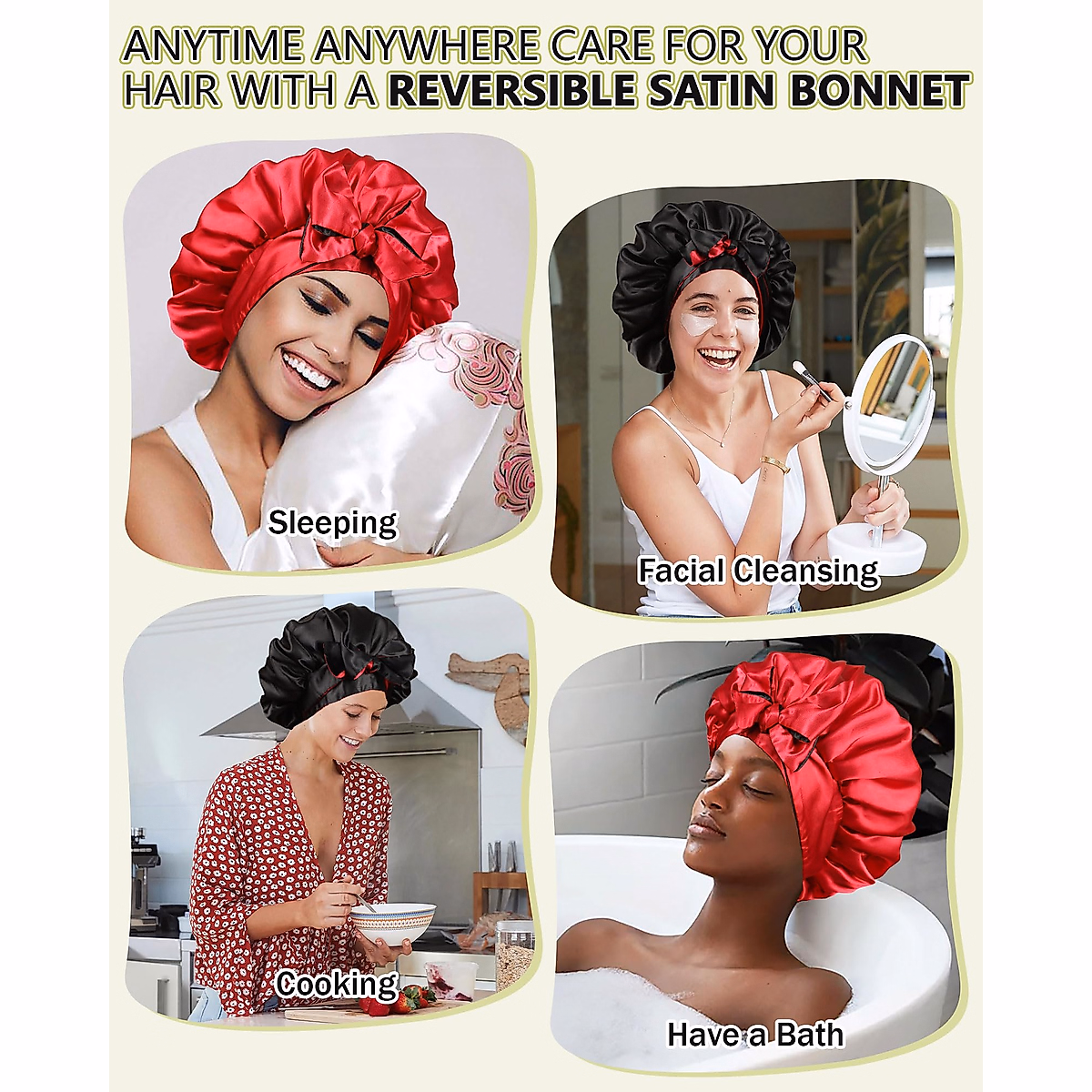 Satin Bonnet Silk Hair Bonnets for Women Curly Hair Wrap for Sleeping Cap Reversible Bonnet with Tie Band Night Cap Double Layer Sleep Cap for Curly Hair (Double-Layer Satin Bonnet (Black + Red)