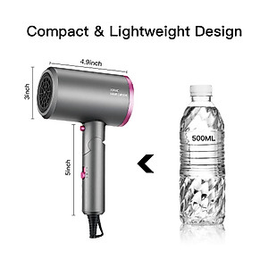 Hair Dryer, Foldable Ionic Hair Blow Dryer 1800W Fast Drying Professional Negative Hairdryer Blowdryer 3 Heat/ 2 Speed/ Cold Settings with 2 Nozzles & 1 Diffuser for Home & Travel Hair Styling