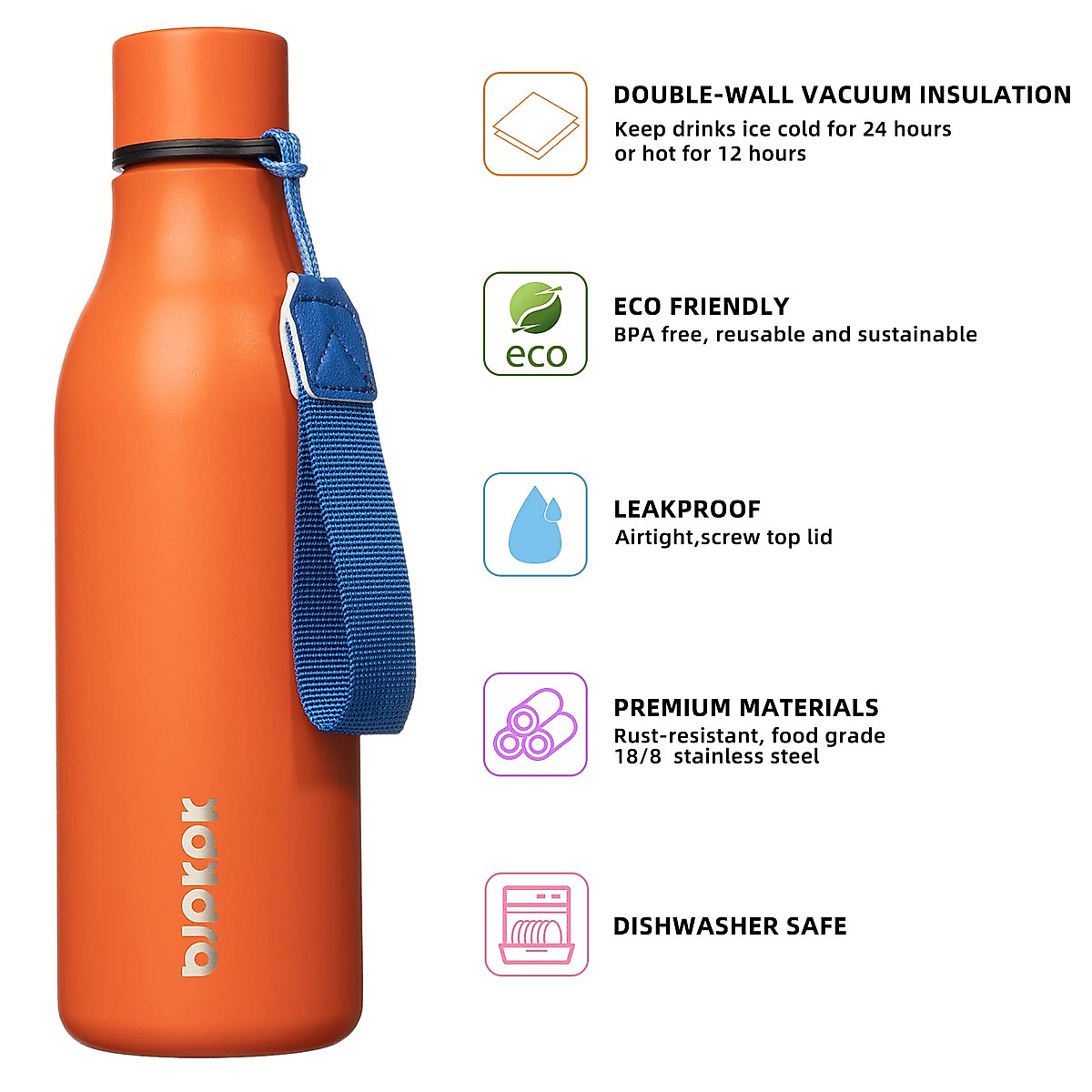 BJPKPK Insulated Water Bottles, 18 oz Stainless Steel Metal Water Bottle with Strap, BPA Free Leak Proof Thermos, Mugs, Flasks, Reusable Water Bottle for Sports & Travel, Orange