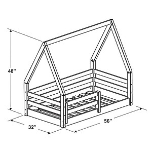 Pemberly Row Modern Solid Wood Toddler Floor Bed Frame with House Roof Canopy Rails in Natural