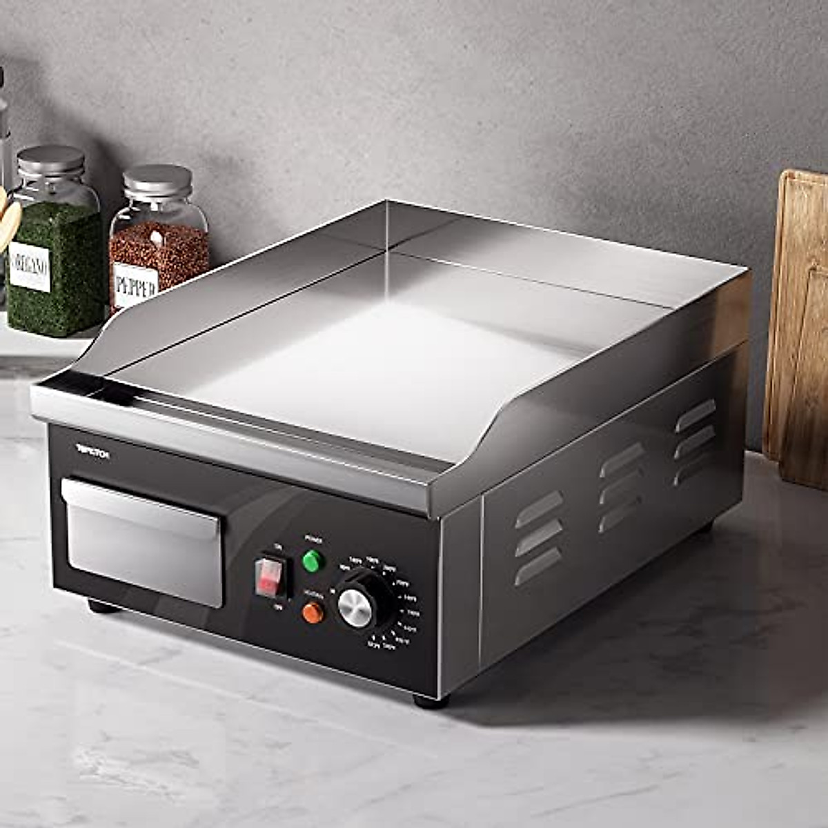 TOPKITCH Electric Griddle, 14 Inch Flat Top Grill Commercial Electric Griddles Stainless Steel Adjustable Temperature Control 90℉-575℉ for Home or Restaurant Use