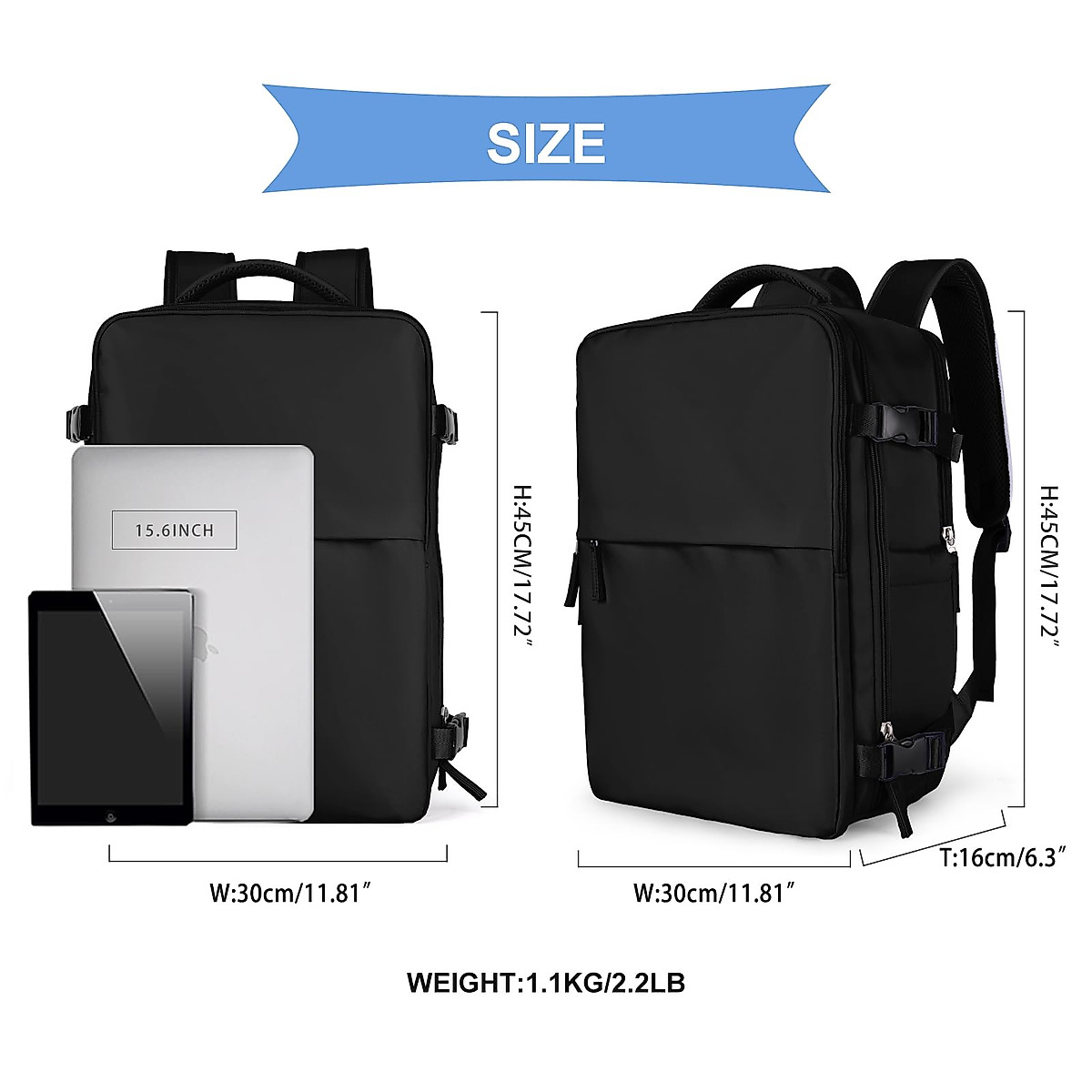 coowoz Travel Backpack For Women Men Airline Approved,Black Carry On Backpack,Large Hiking Waterproof Outdoor Sports Rucksack Casual Daypack Fit 15.6 Inch Laptop Backpack for College