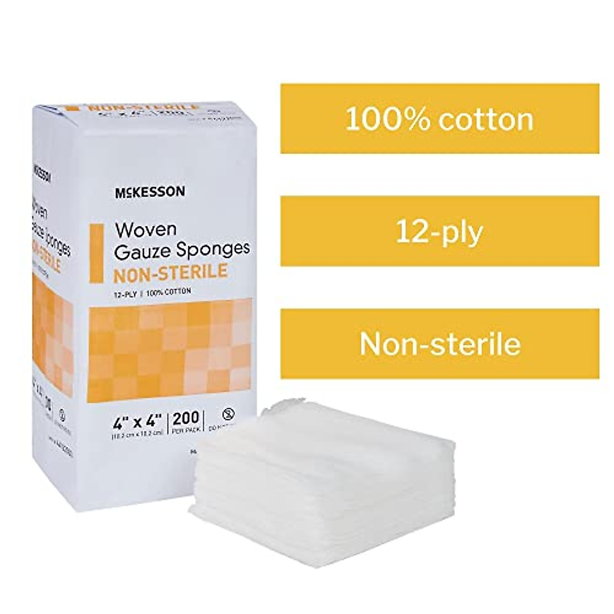 McKesson Woven Gauze Sponges, Non-Sterile, 12-Ply, 100% Cotton, 4 in x 4 in, 200 Per Pack, 1 Pack