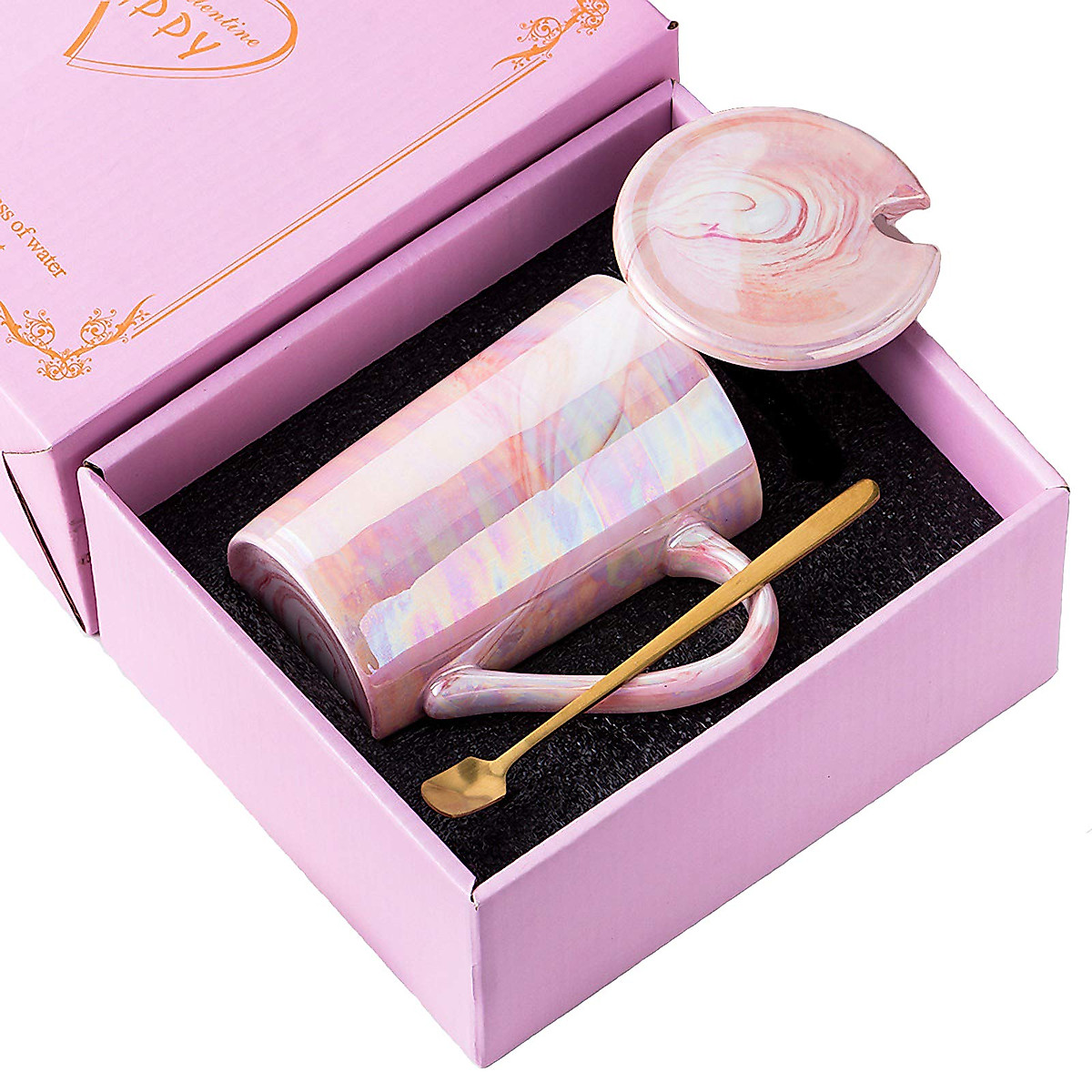 KEYIGOU 13.5oz Marble Coffee Mugs with Lid Gold Spoon Pearly Ceramic Tea Cup Cute Mugs for Women Mom Friend Gifts