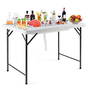 KOTEK Folding Ice Cooler Table with Drain and Skirt, Foldable Beverage Cooler Table Buffet Salad Cooler Server with Edge, Portable Chill Table for Party, Wedding, Picnic, Camping