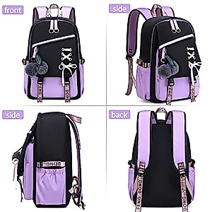 FENGDONG Teenage Girls Bookbag School Backpack Children Casual Daypack Schoolbag for Teens Black Purple