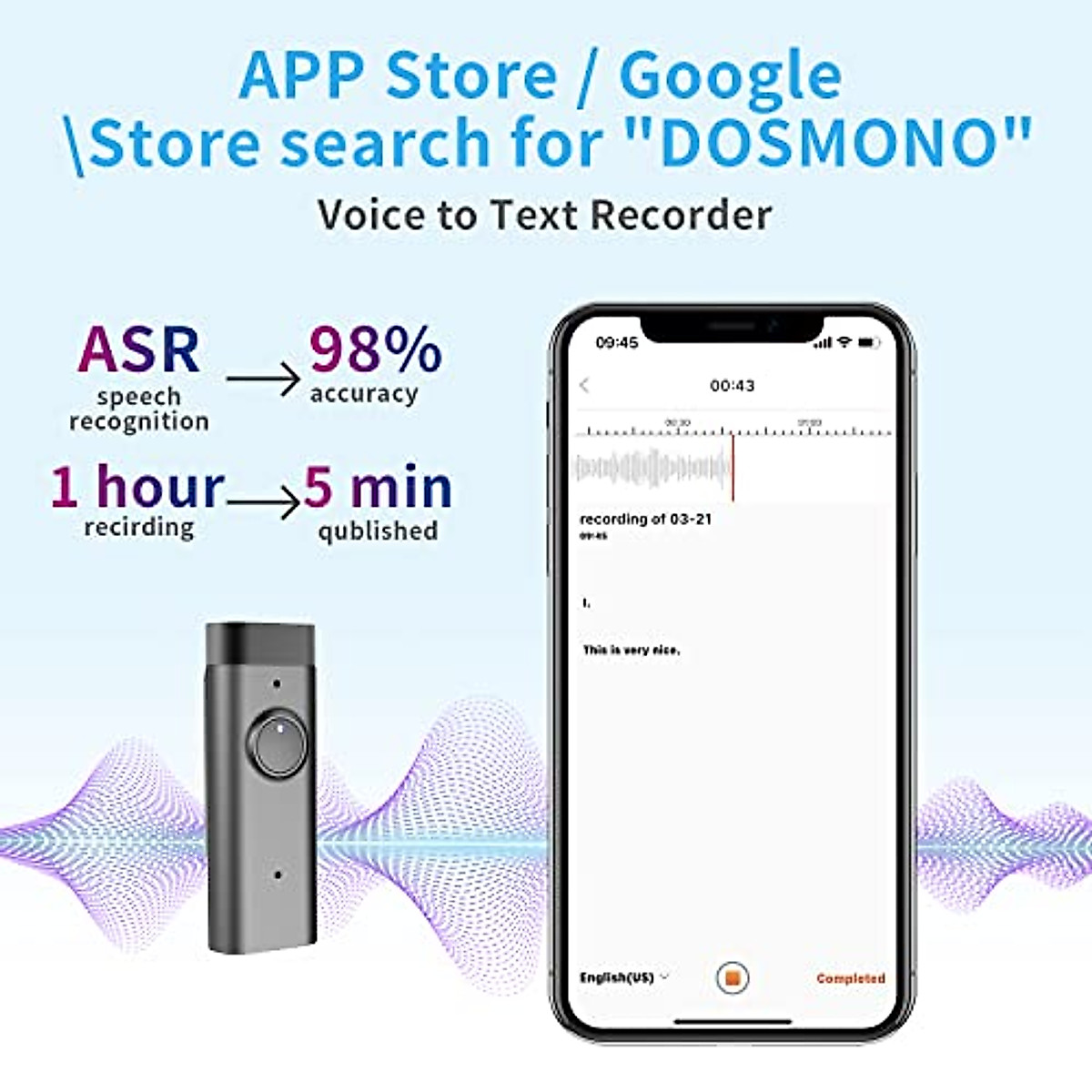 Voice to Text Recorder, DOSMONO 32G Voice Recorder with Transcription, High-Definition Recording, Dialogue Translation Photo Translation on APP for Lectures, Meetings