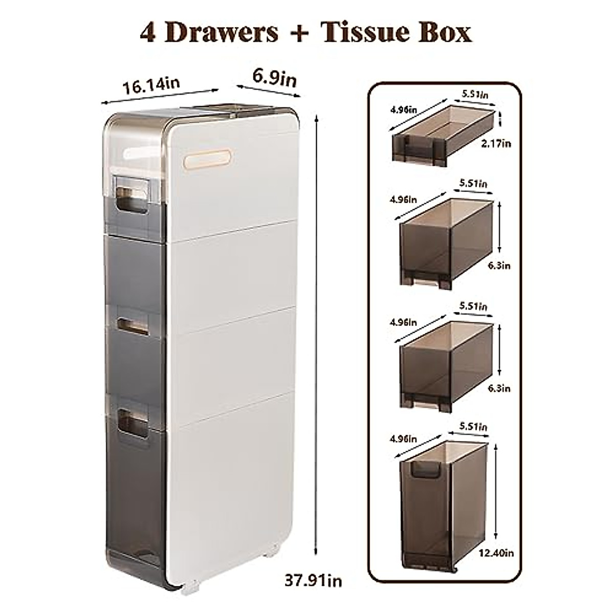 Lozovin 4-Tiers Narrow Storage Cabinet,Sleek Free Standing Toilet Paper Holder,Small Bathroom Floor Cabinet,Slim Plastic Drawer Storage,Multifunctional Organizer for Kitchen Bedroom Laundry Room,etc