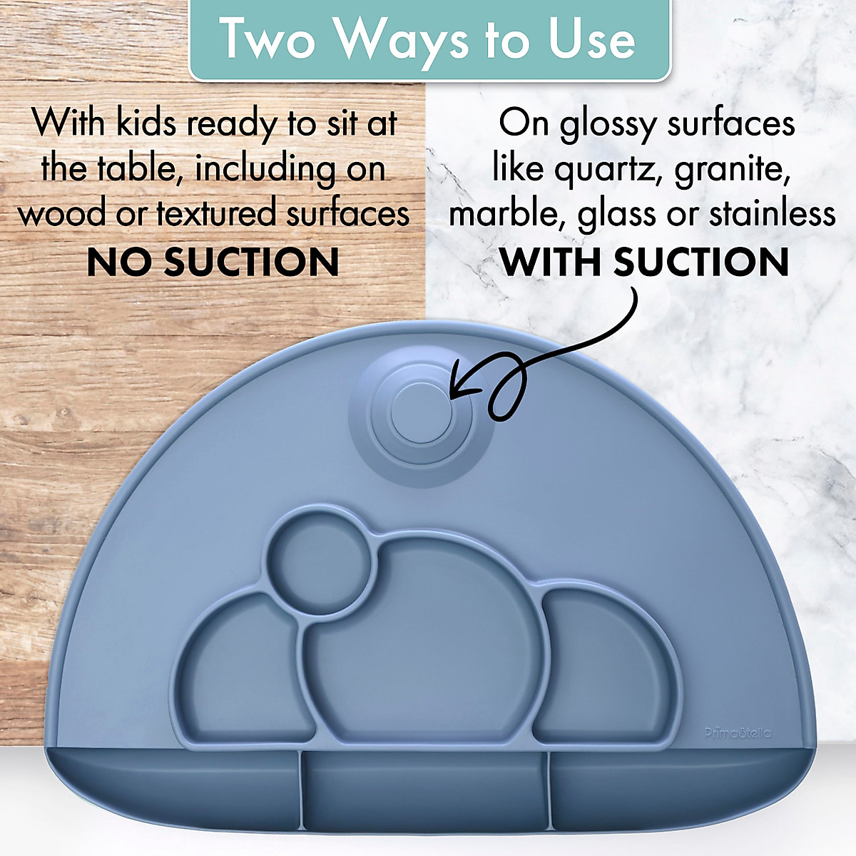 PrimaStella Unbreakable Silicone Platemat - Divided Toddler Plate, Placemat and Food Catcher All-in-one (Slate Blue)