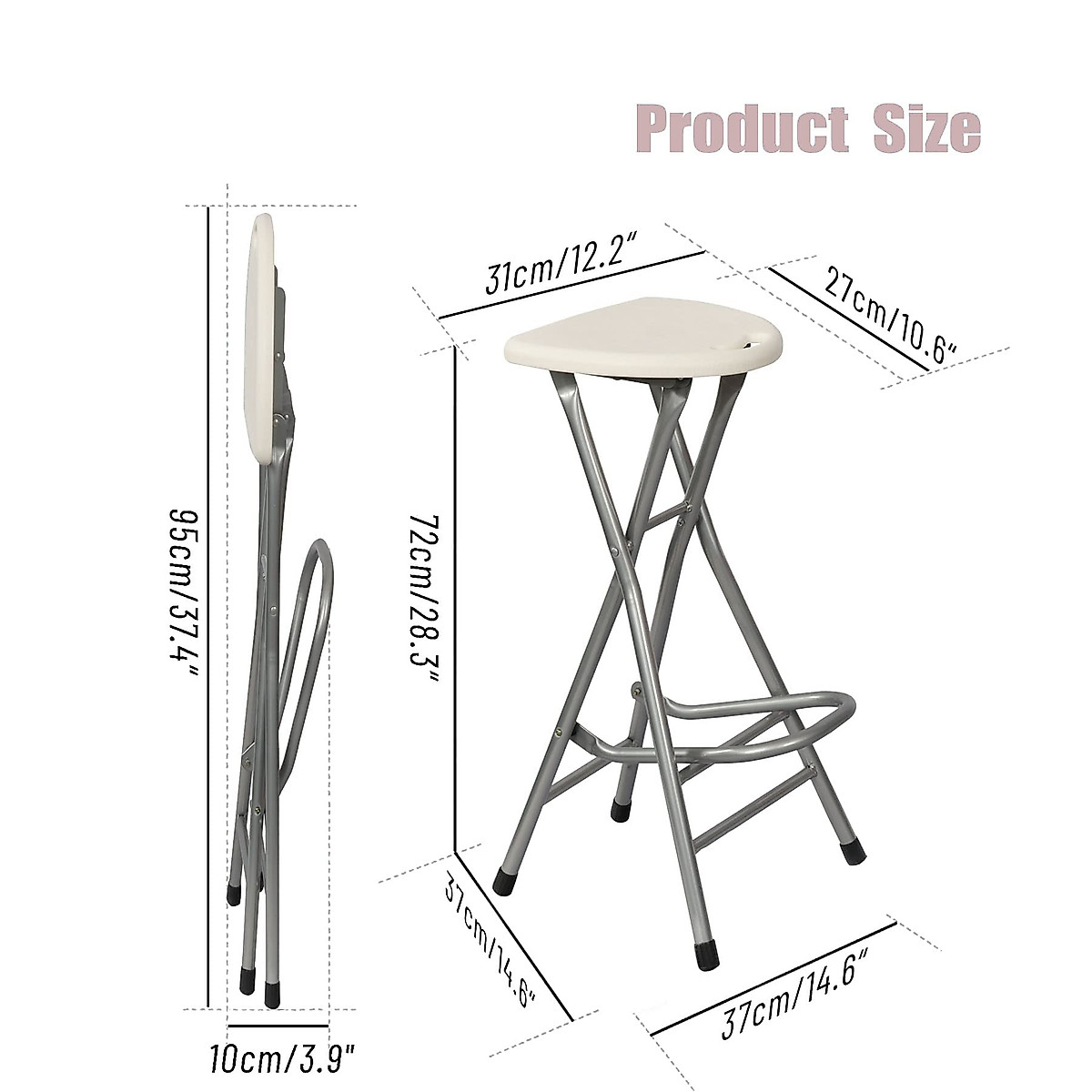 Folding Stools for Adults Portable, 28 inch Collapsible Stool Heavy Duty, Indoor Tall Bar stools with Handle, Plastic Counter Barstool Chair for Kitchen Outdoor Travel-White H72xW31cm(28x12inch)