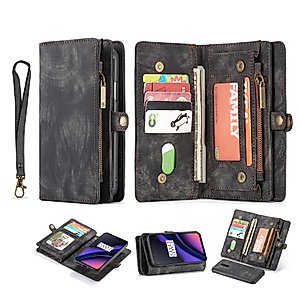 Simicoo OnePlus 7 Pro Leather Wallet Zipper Purse Detachable Card Slots Holder Flip Case Magnetic Wrist Strap Handle Shockproof Cover Pocket Wallet Handbag for OnePlus 7 Pro 1+7 Pro (Black)