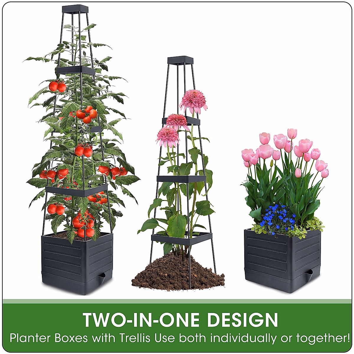 MQFORU 2 Packs Tomato Planter with Trellis, 57" Raised Garden Bed Planters Box for Climbing Vegetables Plant, Self Watering Tomato Cages for Garden Pots for Patio Greenhouse Indoor Outdoor（2PCS）