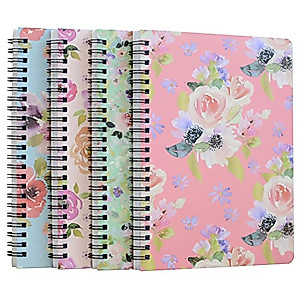 Yansanido Spiral Notebook, 4 Pcs A5 Thick Flower Design Hardcover 8mm Ruled 4 Color 80 Sheets -160 Pages Journals for Study and Notes (flower)