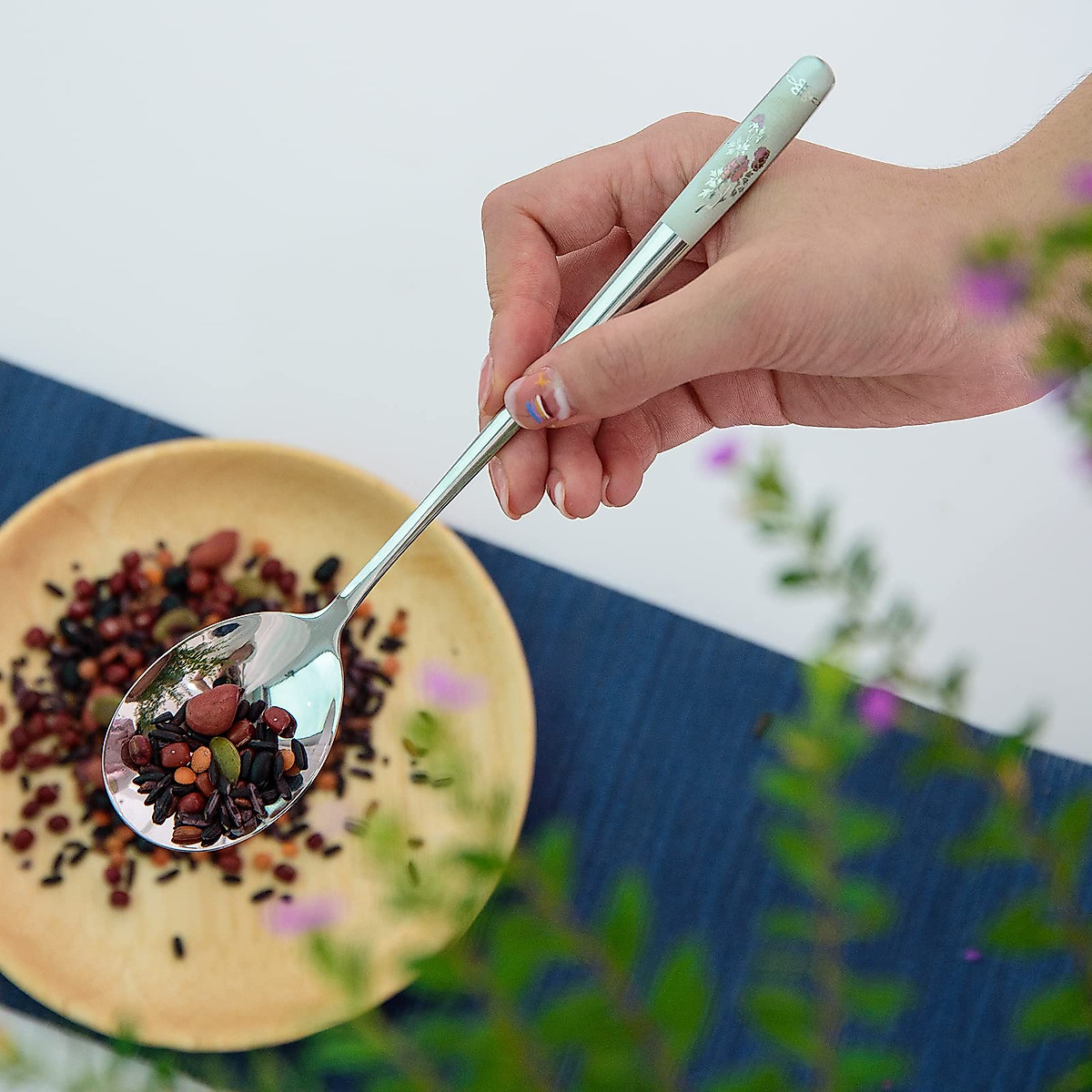 YAPULLYA Reusable Chopstick and Spoon Set, Korean Long Handle Stainless Steel Spoon and Chopsticks Set, Dishwasher Safe Metal Chop sticks, Set of 3. (Multi-patterned)