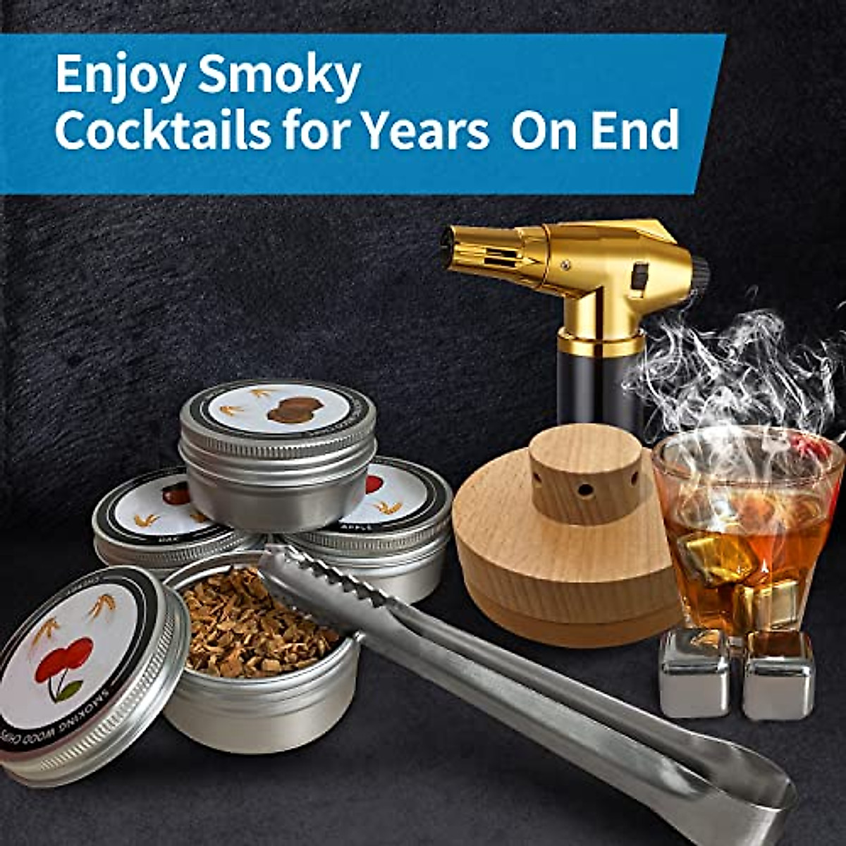 Cocktail Smoker Kit with Torch, Whiskey and Bourdon Smoker Kit Drink Smoker Infuse Old Fashion with 4 Flavors Wood Chips and Whiskey Stones. Gift for Dad, Husband, Men, Boy Friend(No Butane)