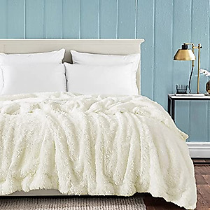EASELAND Soft Faux Fur and Sherpa Shaggy Throw Blanket, Reversible Warm Thick Fleece Fuzzy Shag Throws, Luxury Furry Plush Fluffy Decorative Cozy Blankets for Couch Sofa Bed Chair, Ivory,90×90 inches