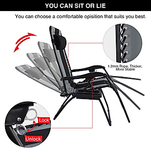 Piamomso Oversize Zero Gravity Chair with Cup Holder,Folding Recliner Lawn Zero Gravity Lounge Chair with Headrest, Grey & Black