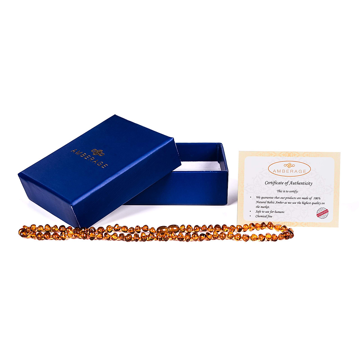 AMBERAGE Natural Baltic Amber Necklaces for Women - Hand Made from Polished/Certified Baltic Amber Baroque Beads/Quality Guaranteed (3 colors) (45cm- 17.72INCH) (COGNAC)