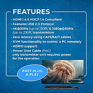 OREI KVM 4K HDMI Extender Balun Over Single CAT6/7 Ethernet Cable 4K,30Hz Upto 130 Feet - 2 USB 1.1 Ports, Supports Keyboard and Mouse