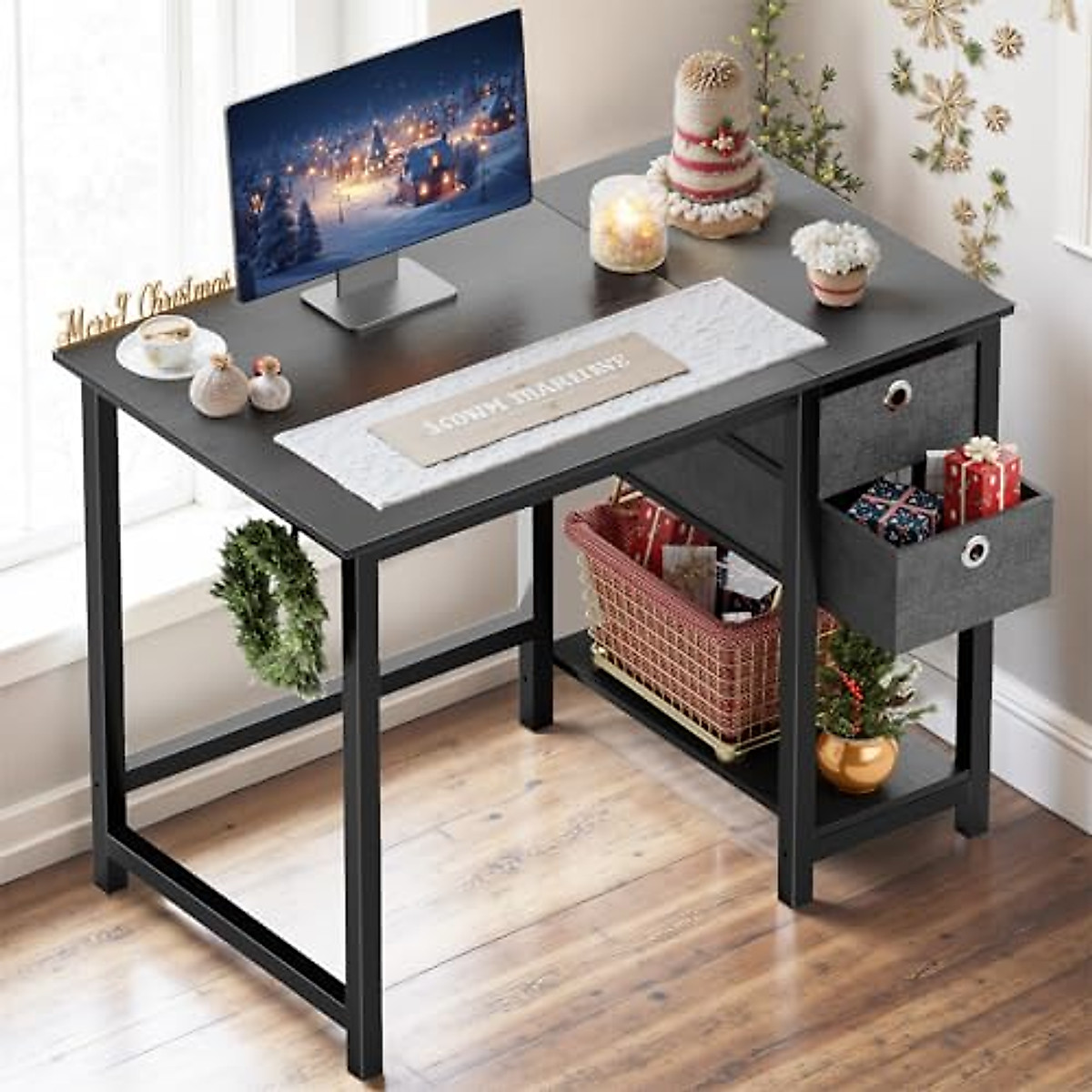 Sweetcrispy Small Computer Desk, 40X24 Inch Office Writing Work Study Gaming PC Table with 2-Tier Drawers Storage Shelf, Side Headphone Hook, Modern Simple Style for Home Bedroom, Black Wood