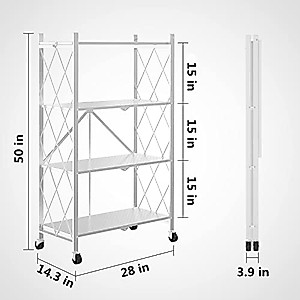 4-Shelf Foldable Storage Shelves with Wheels, Metal Shelves Heavy Duty Large Capacity Storage Shelving Unit, No Assembly, for Garage Kitchen, Warehouse, Closet, Basement and Pantry (White, 4 Tier)